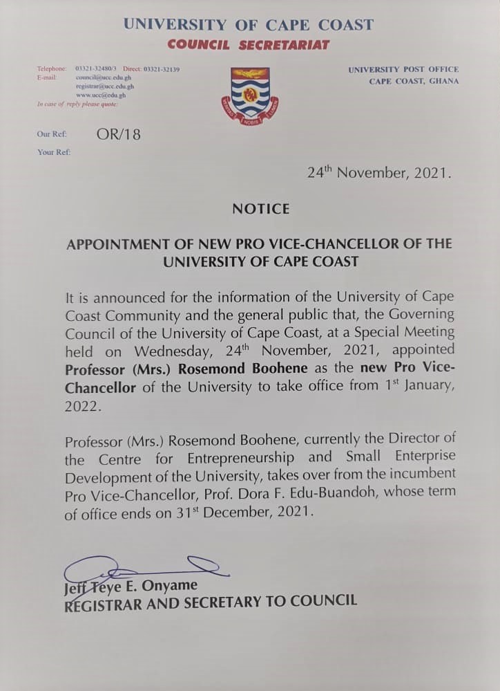 PROFESSOR MRS ROSEMOND BOOHENE APPOINTED AS NEW PRO VICE CHANCELLOR University Of Cape Coast